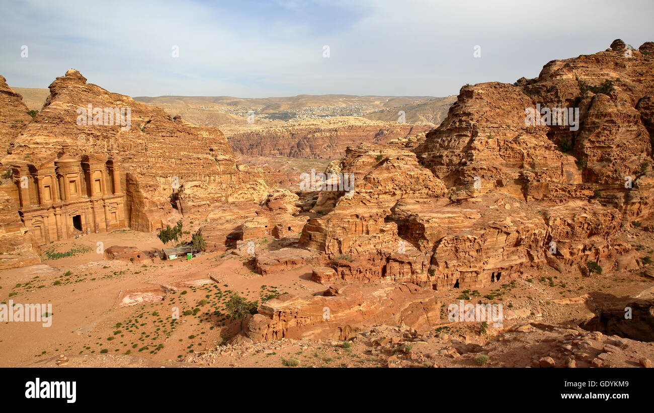 The Monastery Al Deir in Petra, Jordan, The valley around Petra in the ...