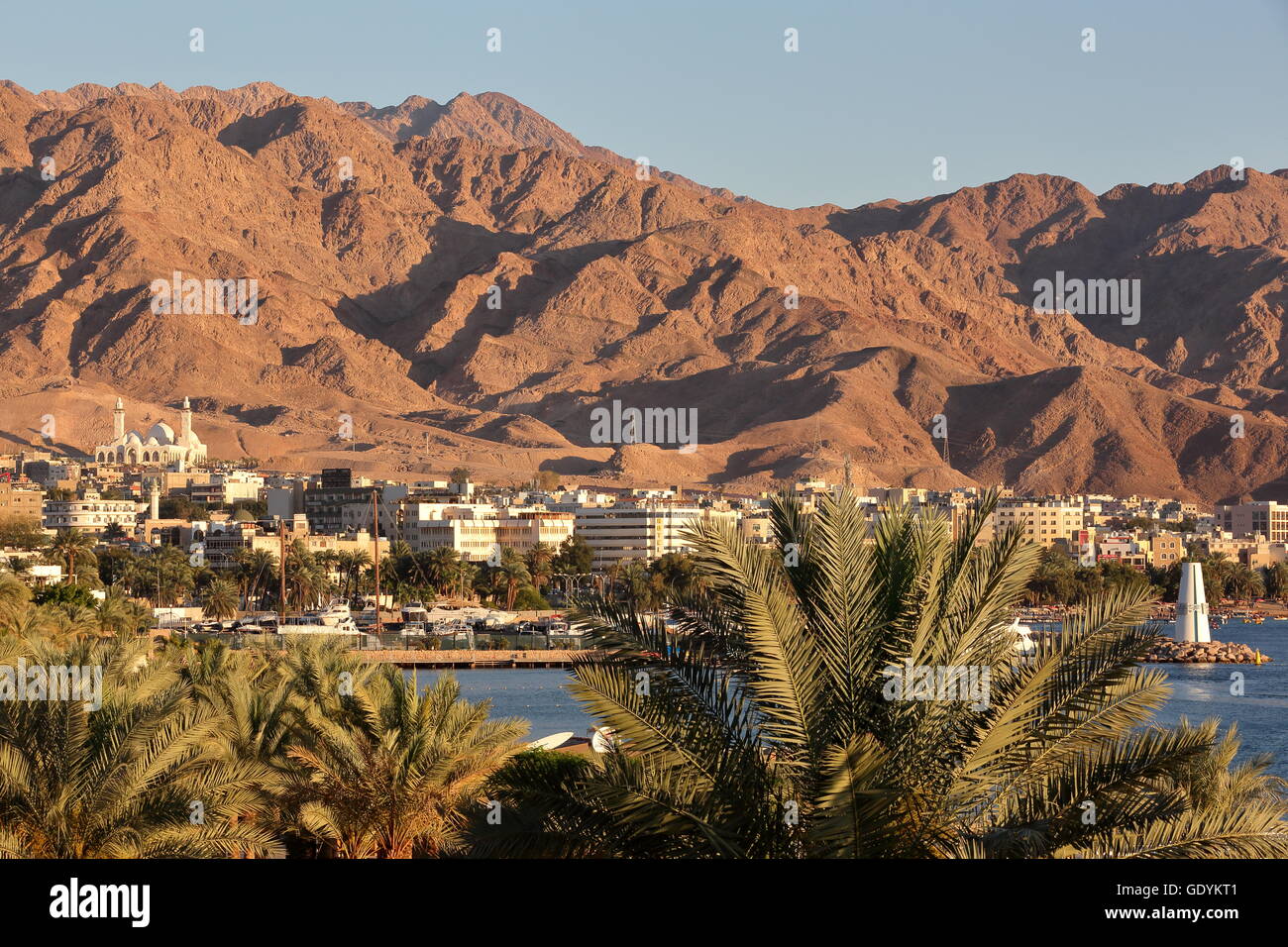 General view of the town of Aqaba with Palm trees in the foreground ...
