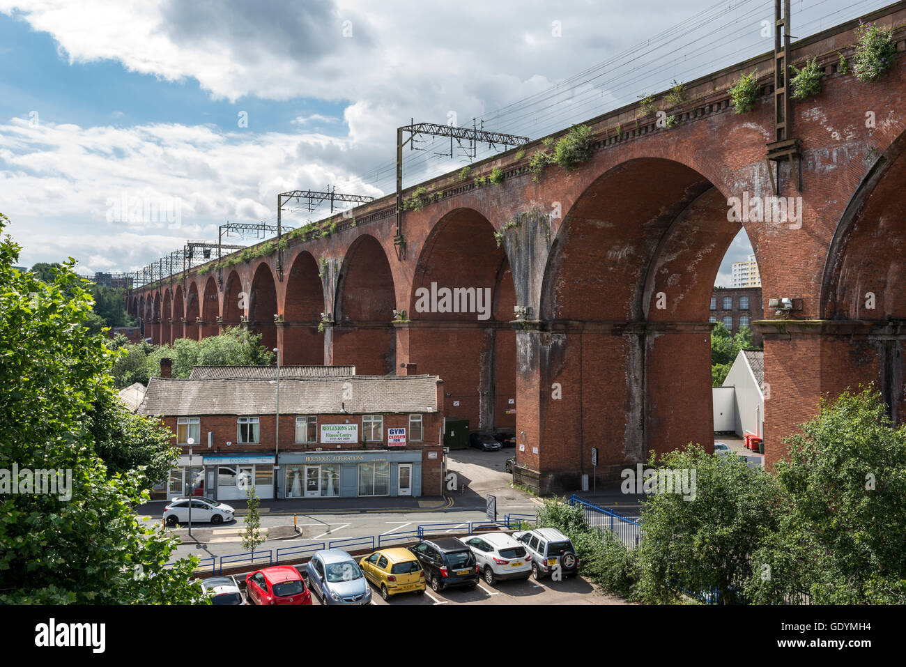 Stockport viaduct with its many red brick arches in the town of ...