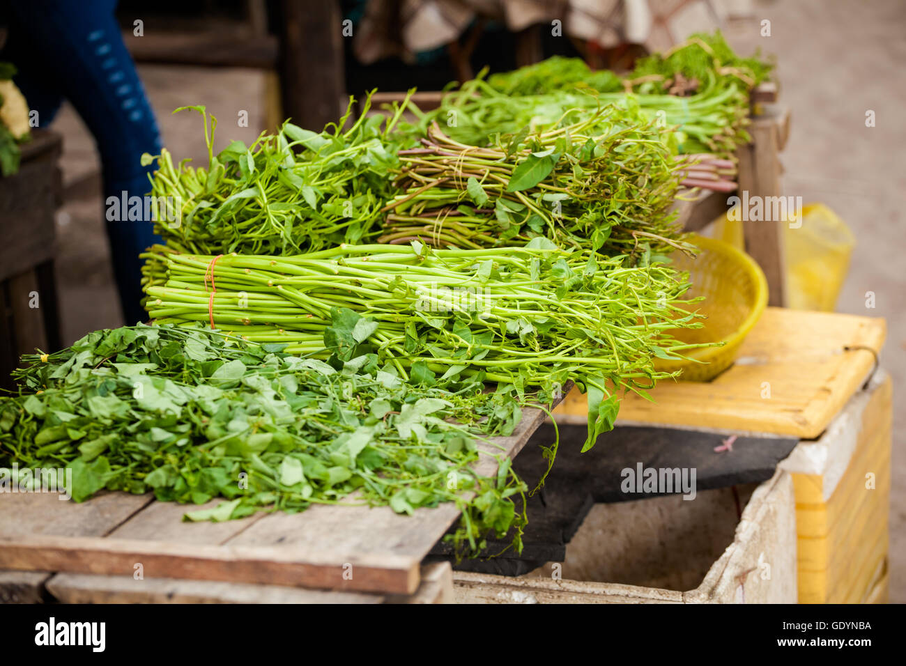 Selection of fresh green herbs and vegetables. Traditional thai market ...