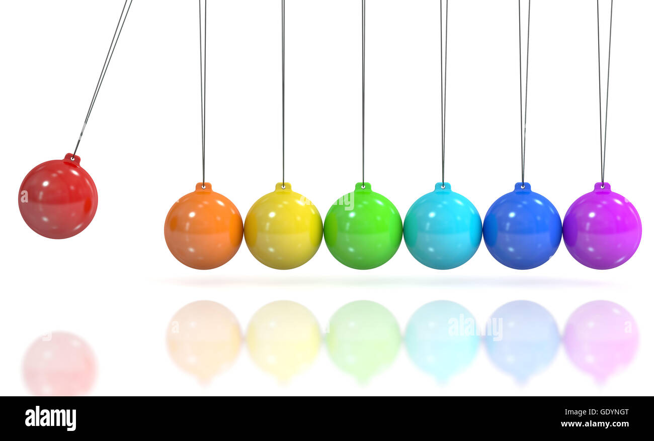 Colored Newton's cradle, pendulum. 3D rendering isolated on white ...