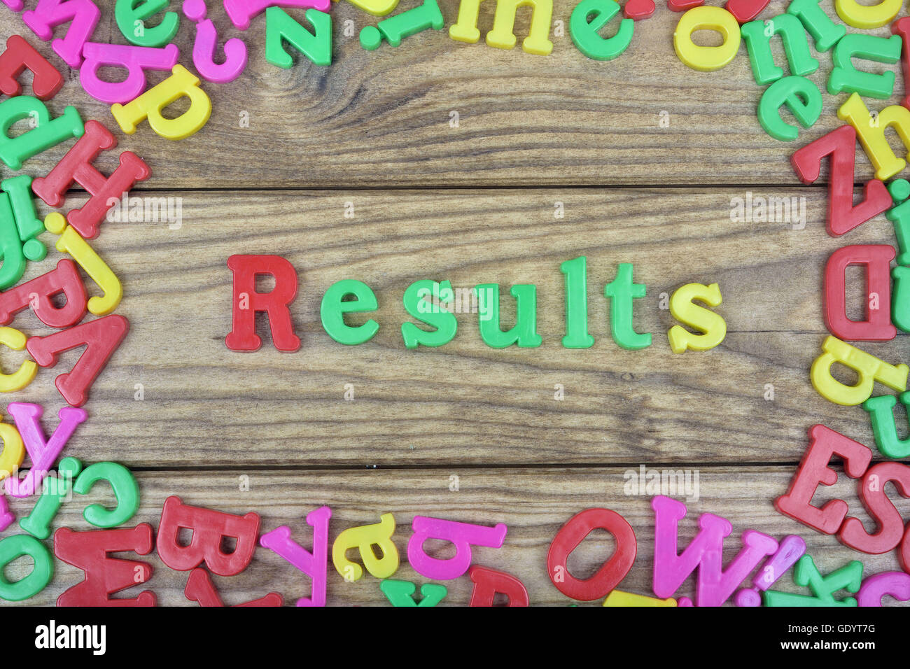 Results word on wooden table Stock Photo - Alamy