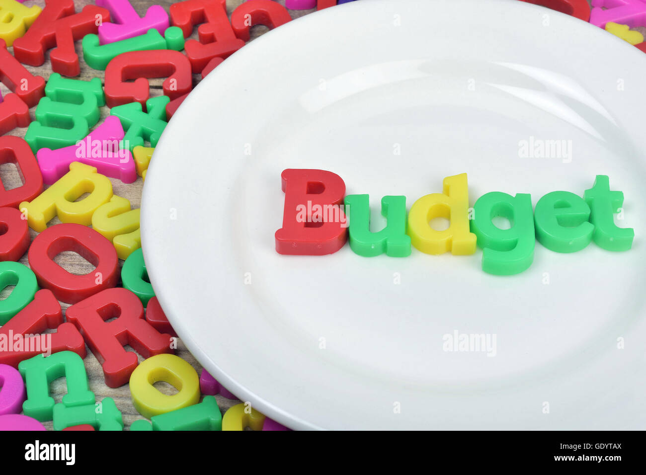 Budget word on white plate and magnetic letters Stock Photo - Alamy