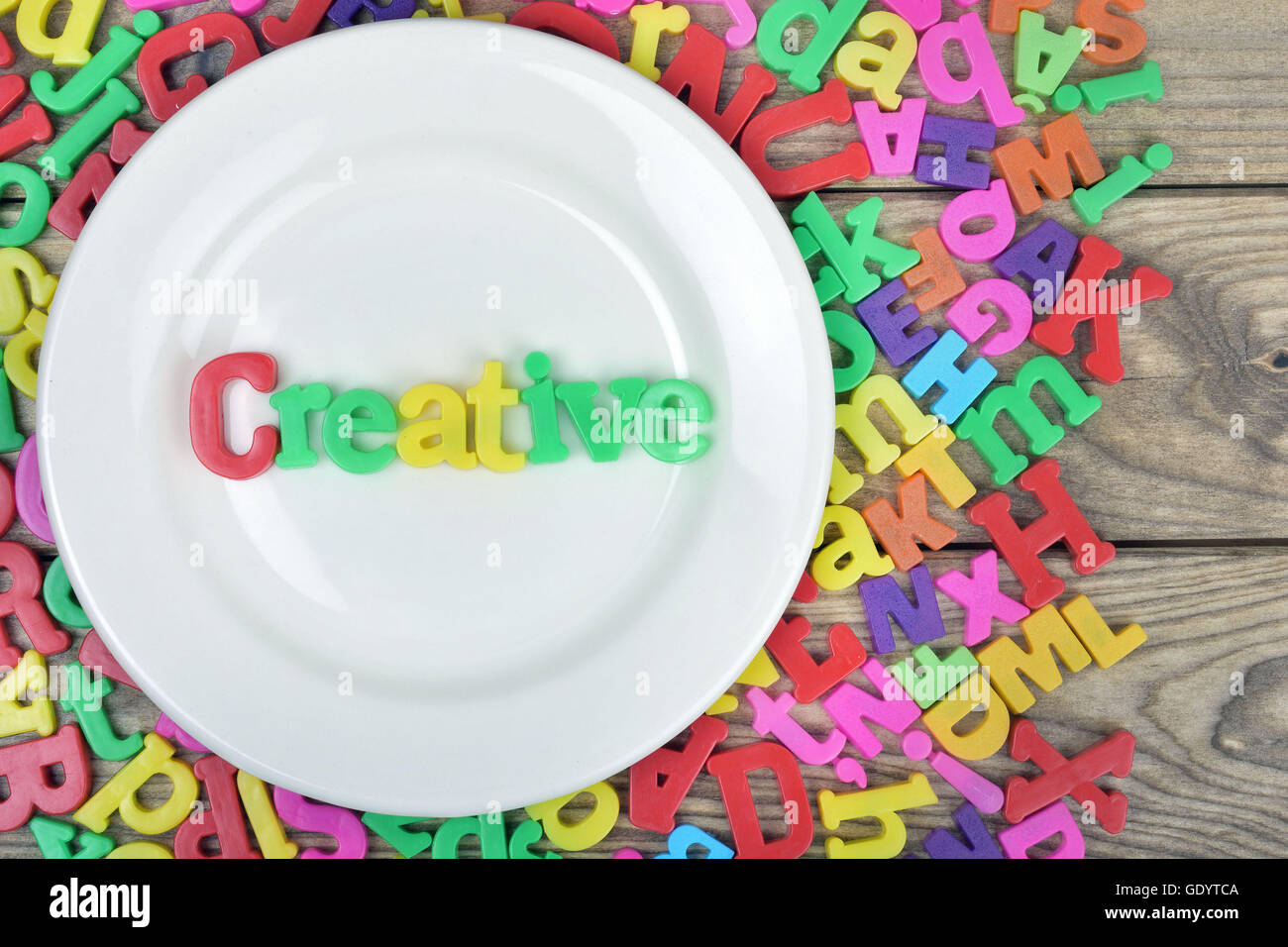 Creative word on white plate and magnetic letters Stock Photo - Alamy