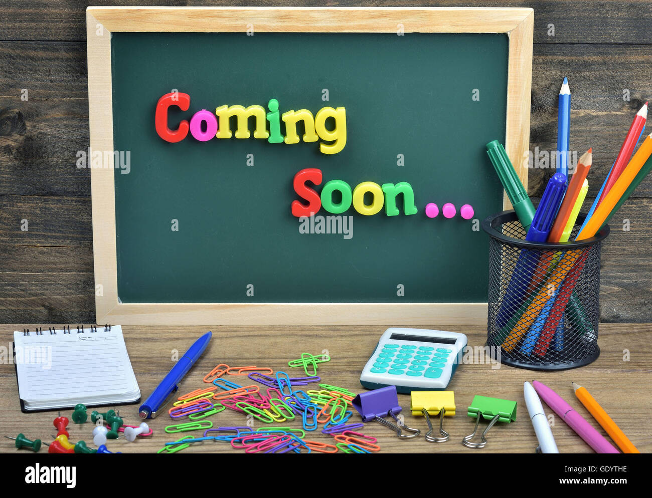 Coming soon word on school board Stock Photo - Alamy