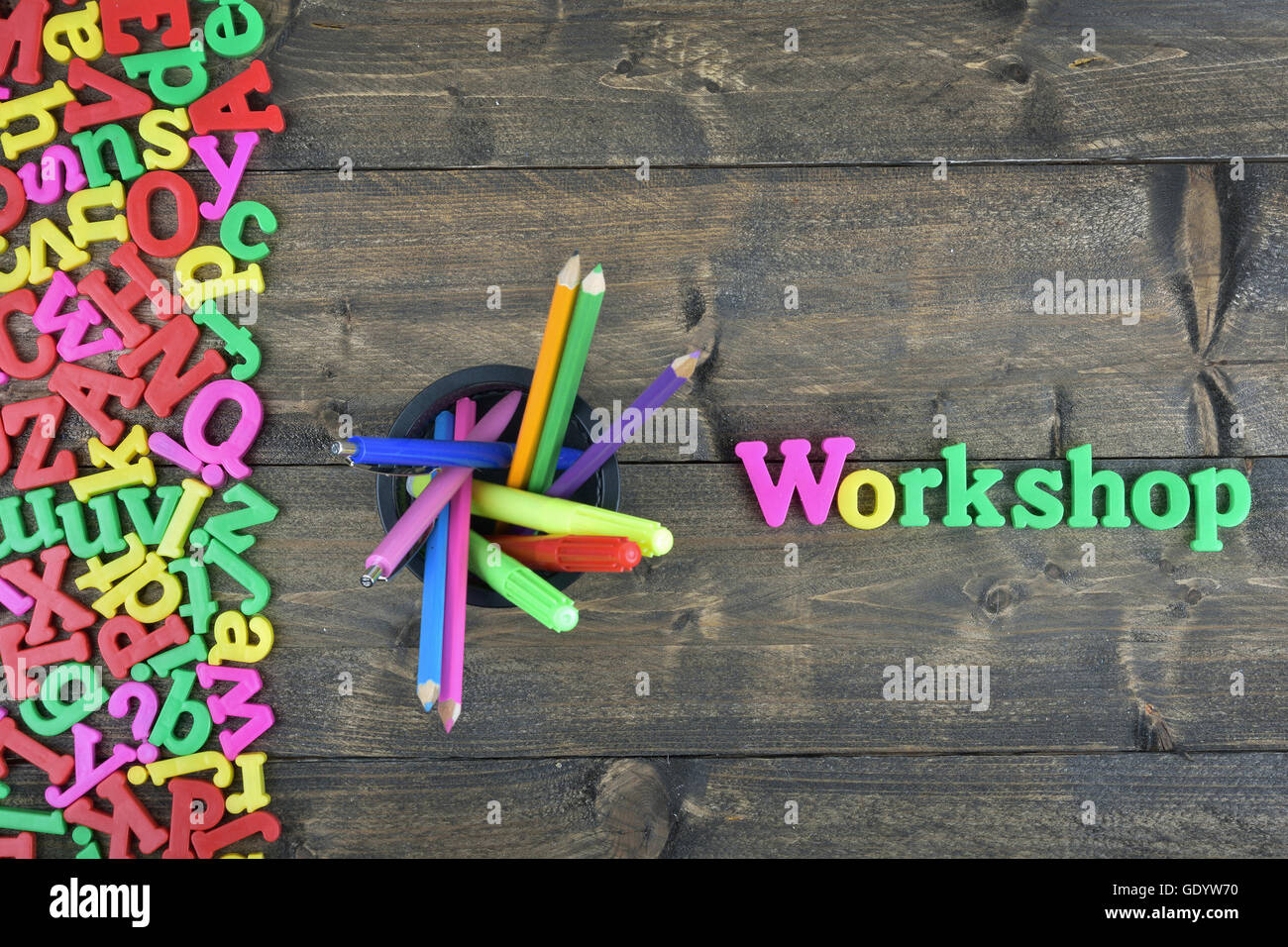 Workshop word on wooden table Stock Photo - Alamy