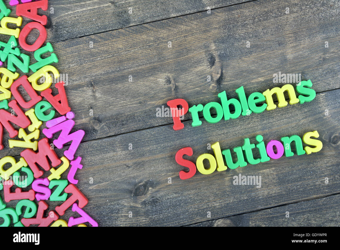 Problems and Solutions word on wooden table Stock Photo - Alamy