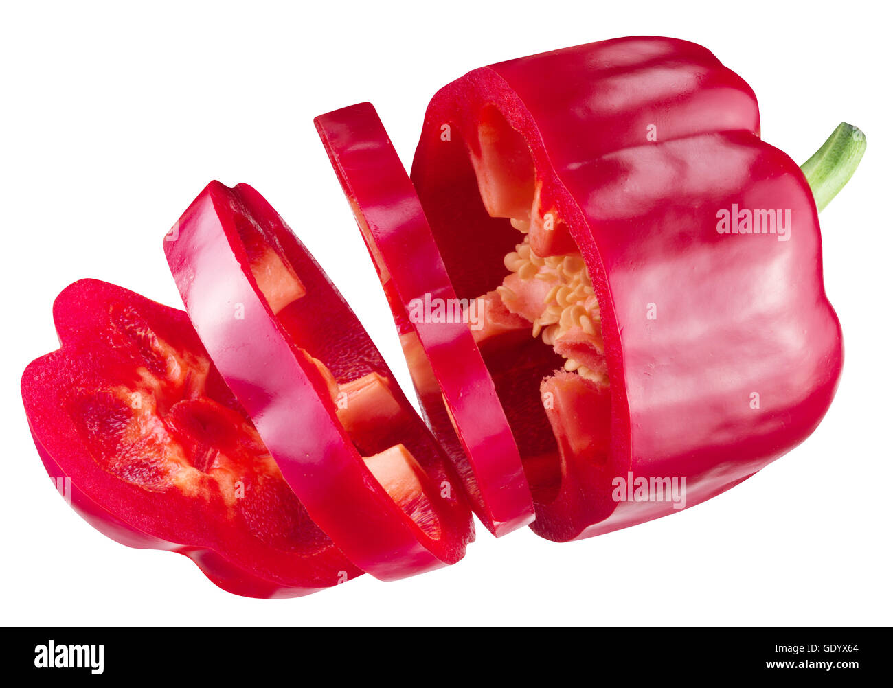 Red pepper slices on white background. File contains clipping paths ...