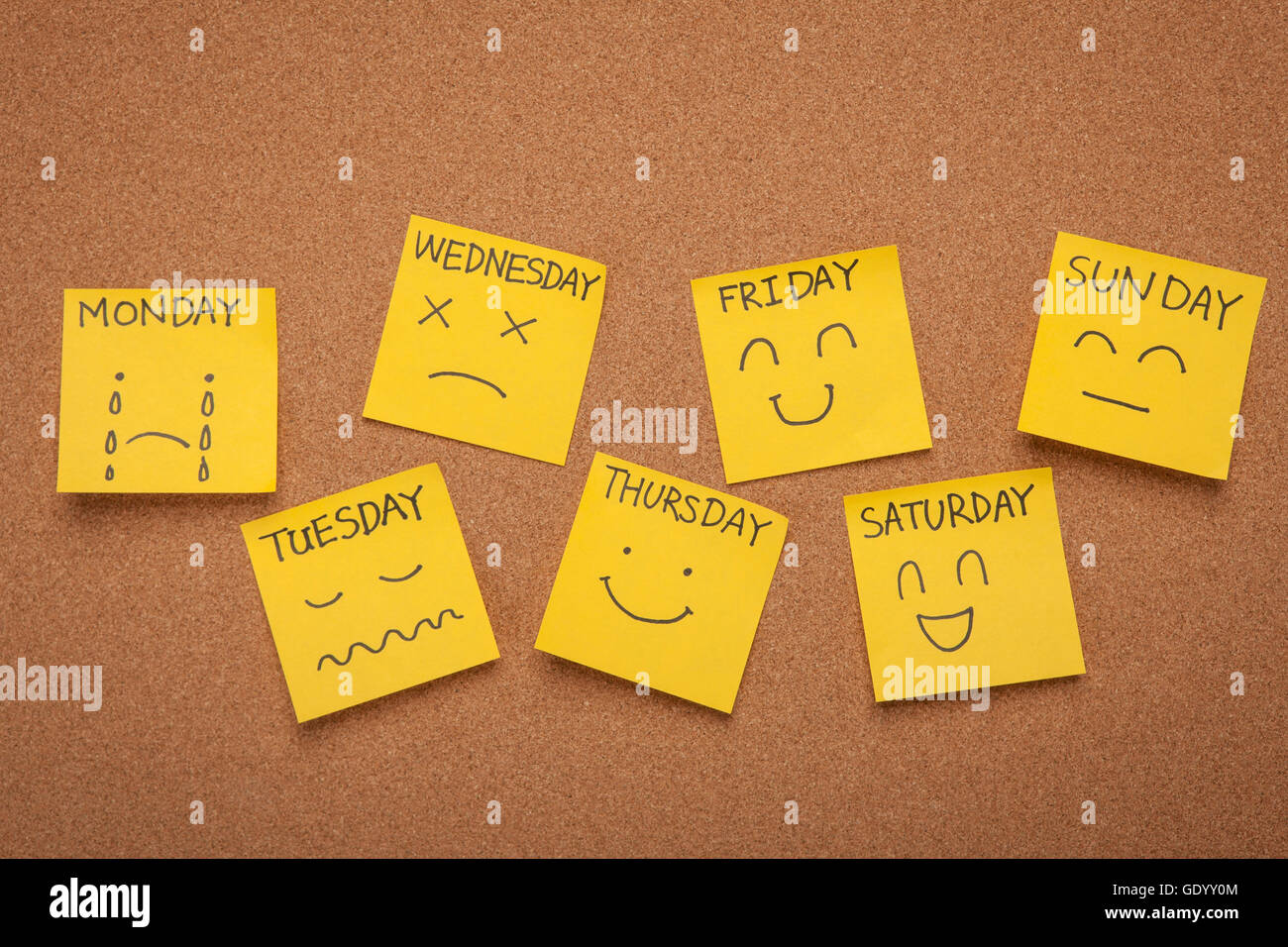 Names of weekdays and various emotions on yellow post-it Stock Photo ...