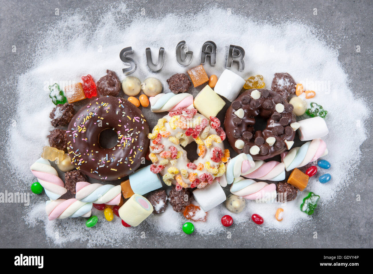 Typographical word of SUGAR and various sweet food Stock Photo - Alamy