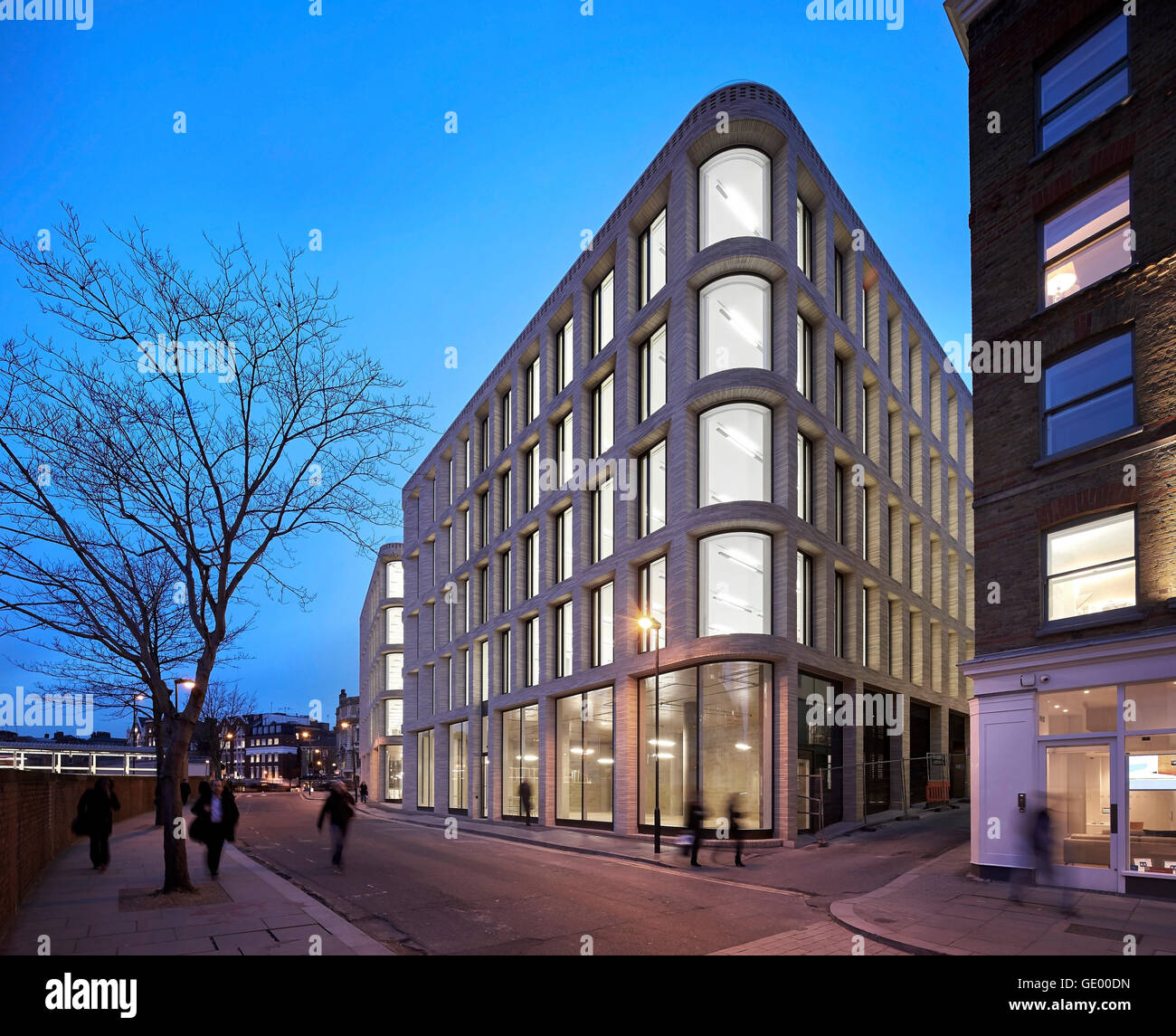Corner elevation with street at dusk. Turnmill Building, London, United ...