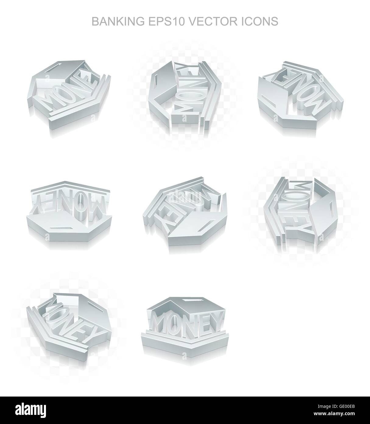 Money icons set: different views of metallic Money Box, transparent ...