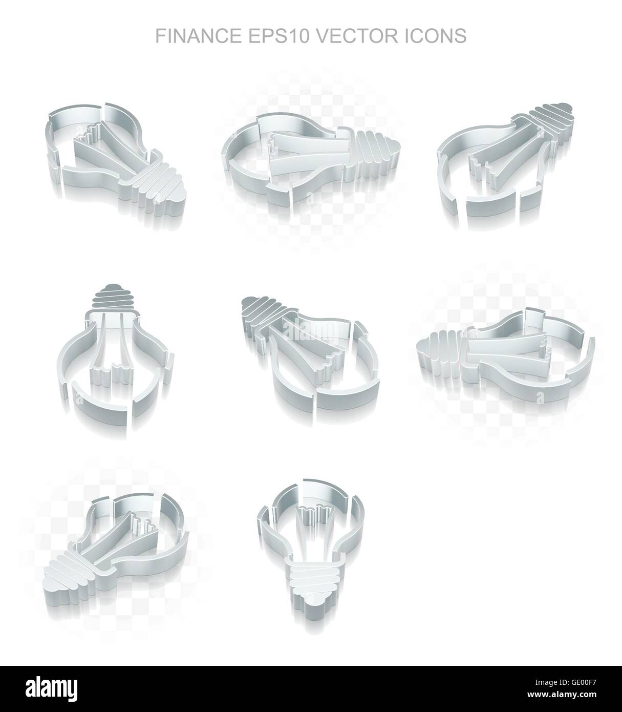Business icons set: different views of metallic Light Bulb, transparent ...