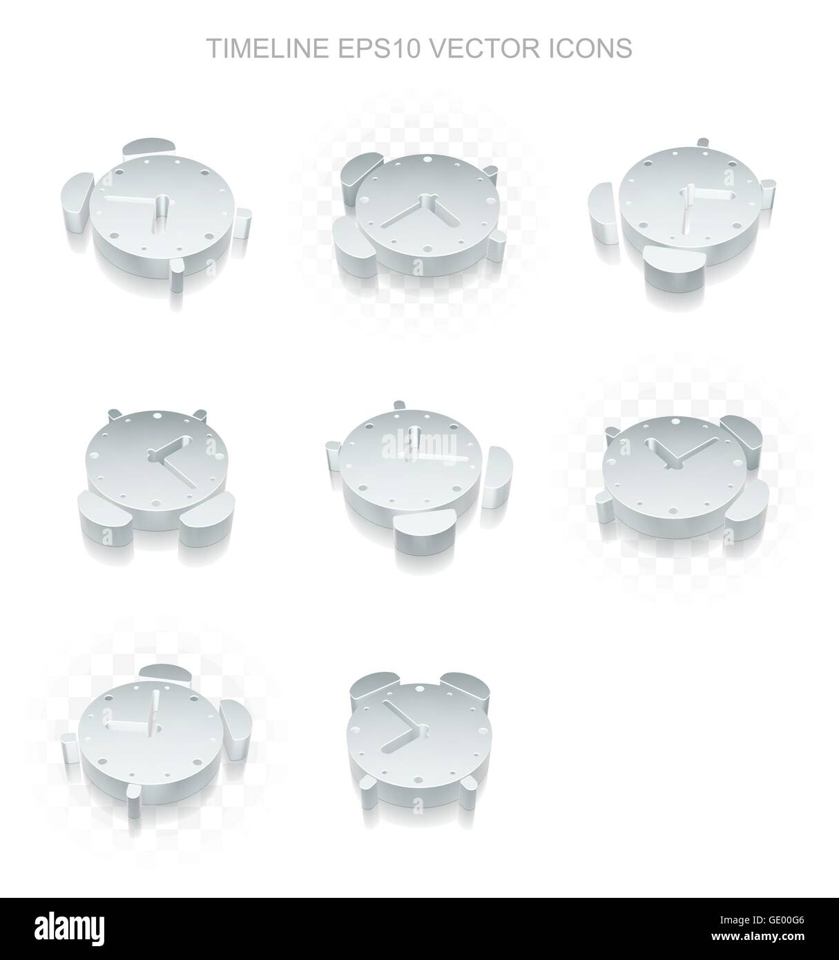 Timeline icons set: different views of metallic Alarm Clock ...