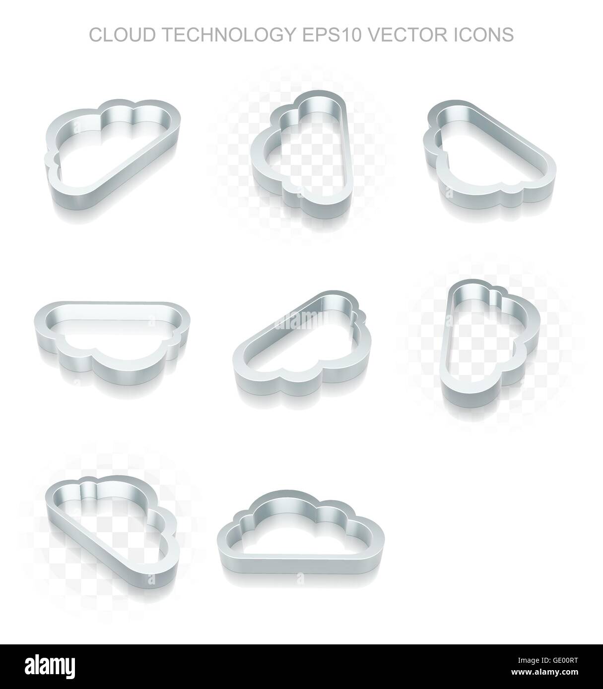 Cloud computing icons set: different views of metallic Cloud, transparent shadow, EPS 10 vector ...