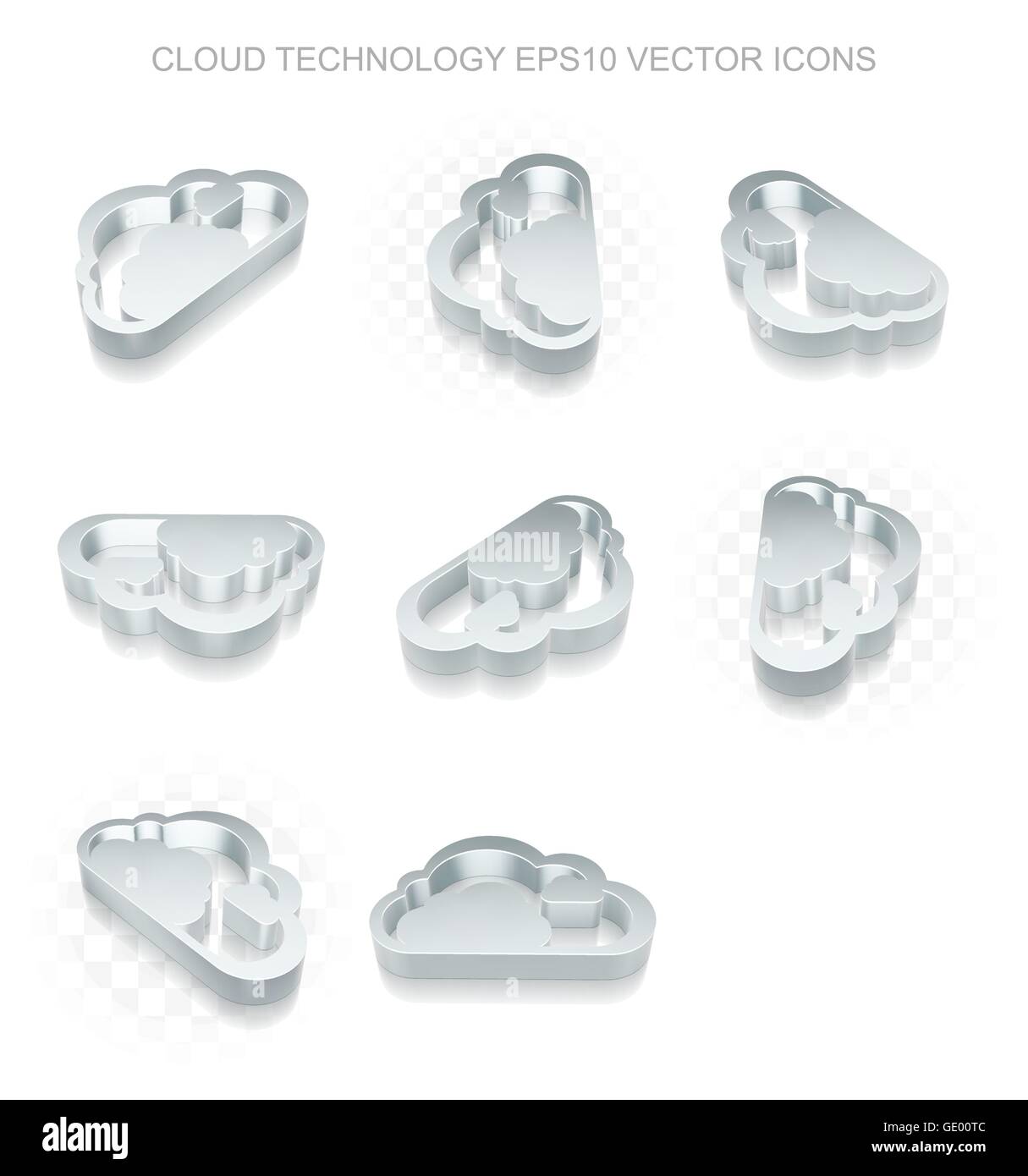 Cloud technology icons set: different views of metallic Cloud, transparent shadow, EPS 10 vector ...