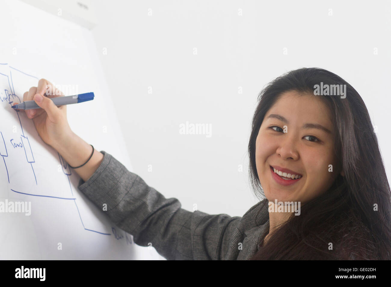Young female engineer drawing on whiteboard in boardroom, Freiburg im ...