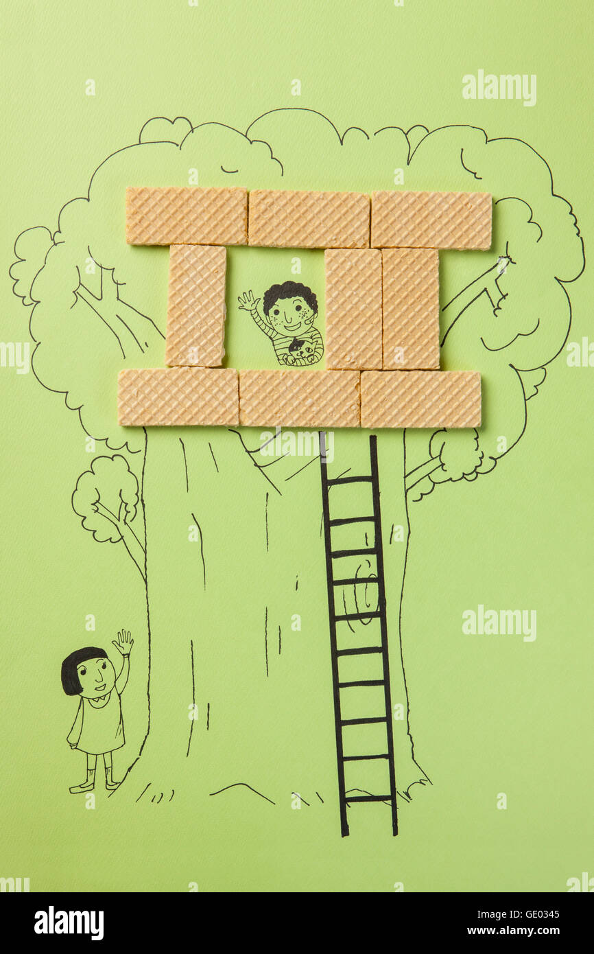 Illustration of a girl waving at a boy in a tree house Stock Photo - Alamy