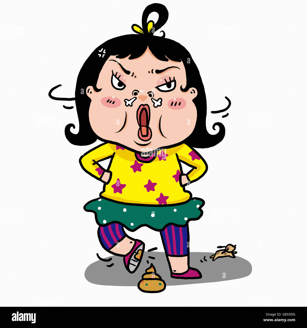 Humorous illustration of a woman being mad at stepping on dog's poop ...