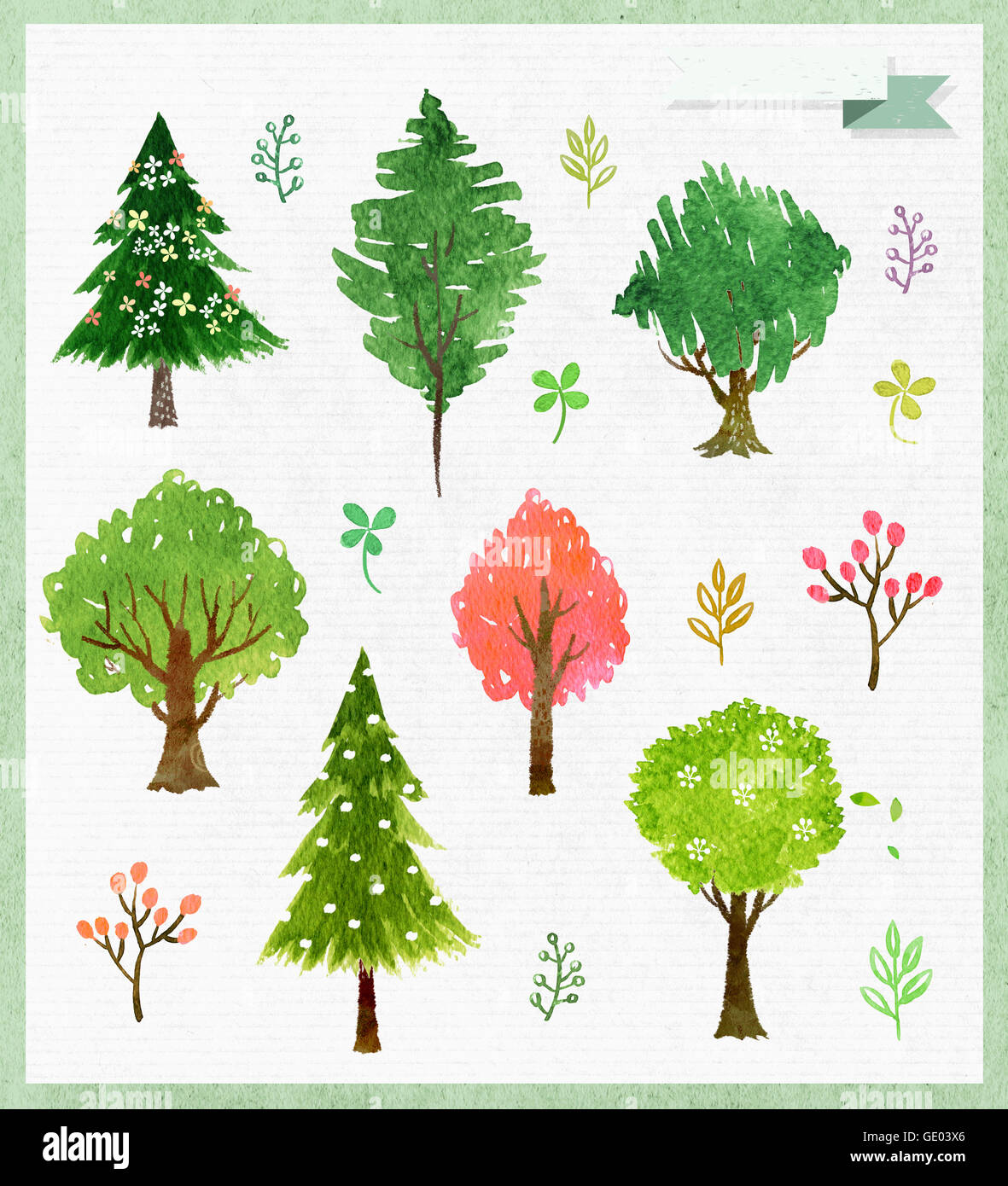 Illustration of various trees and plants in spring Stock Photo - Alamy