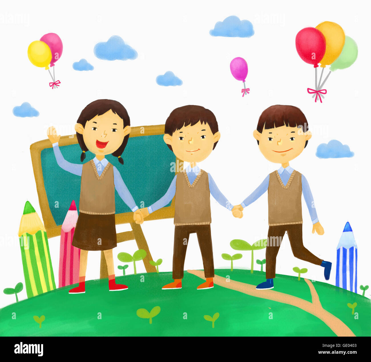 Illustration of smiling school students standing holding hands Stock ...