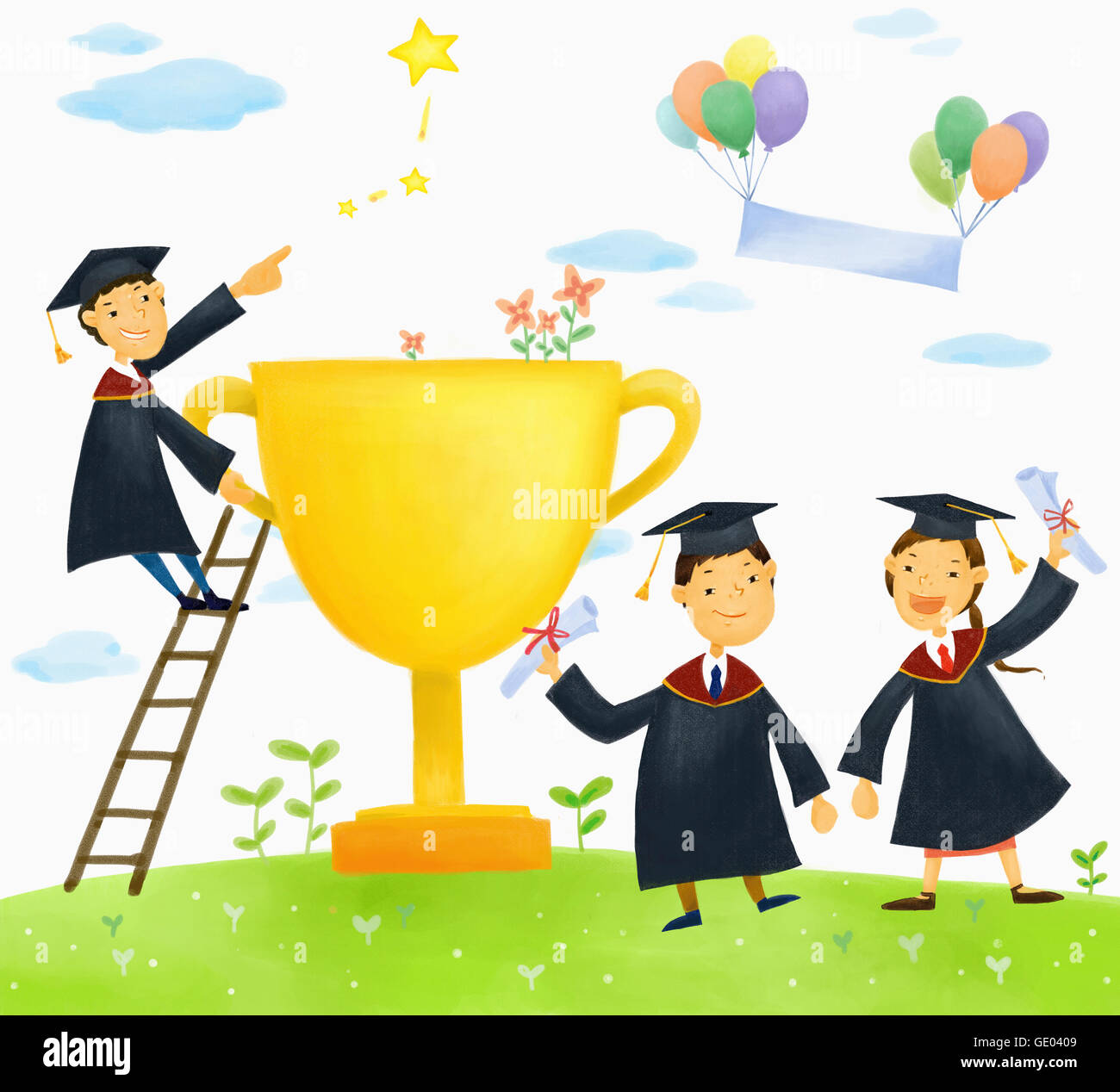Illustration of three smiling graduates with a trophy Stock Photo - Alamy