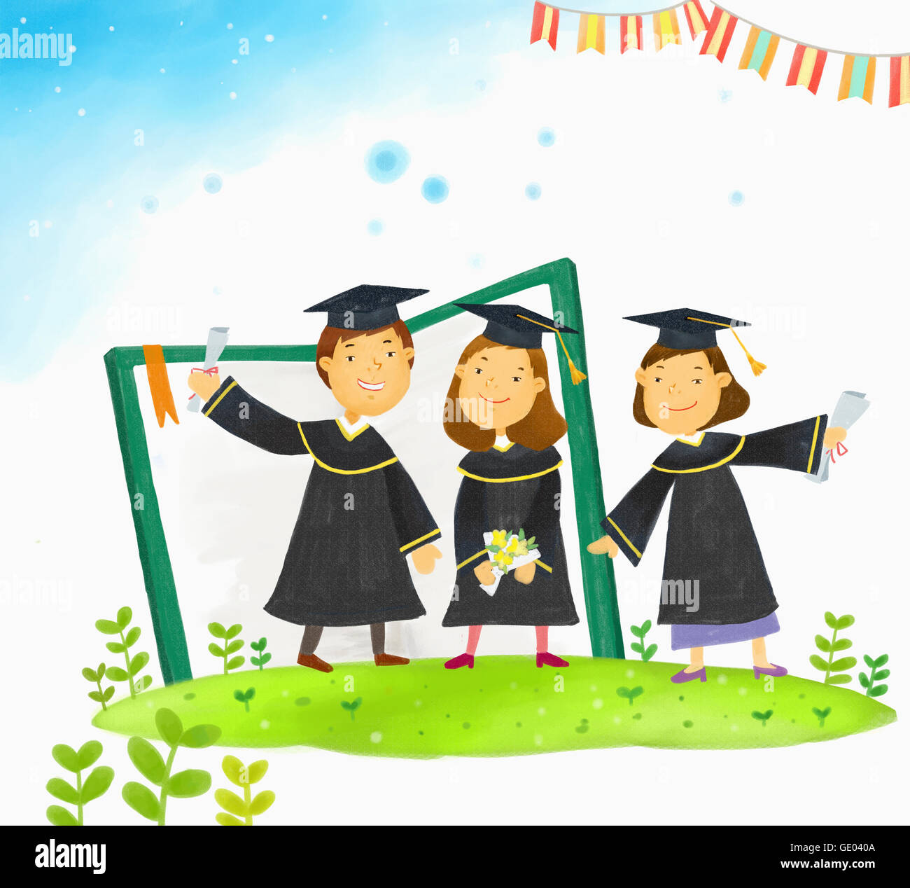 Illustration of friendship of three smiling graduates Stock Photo - Alamy