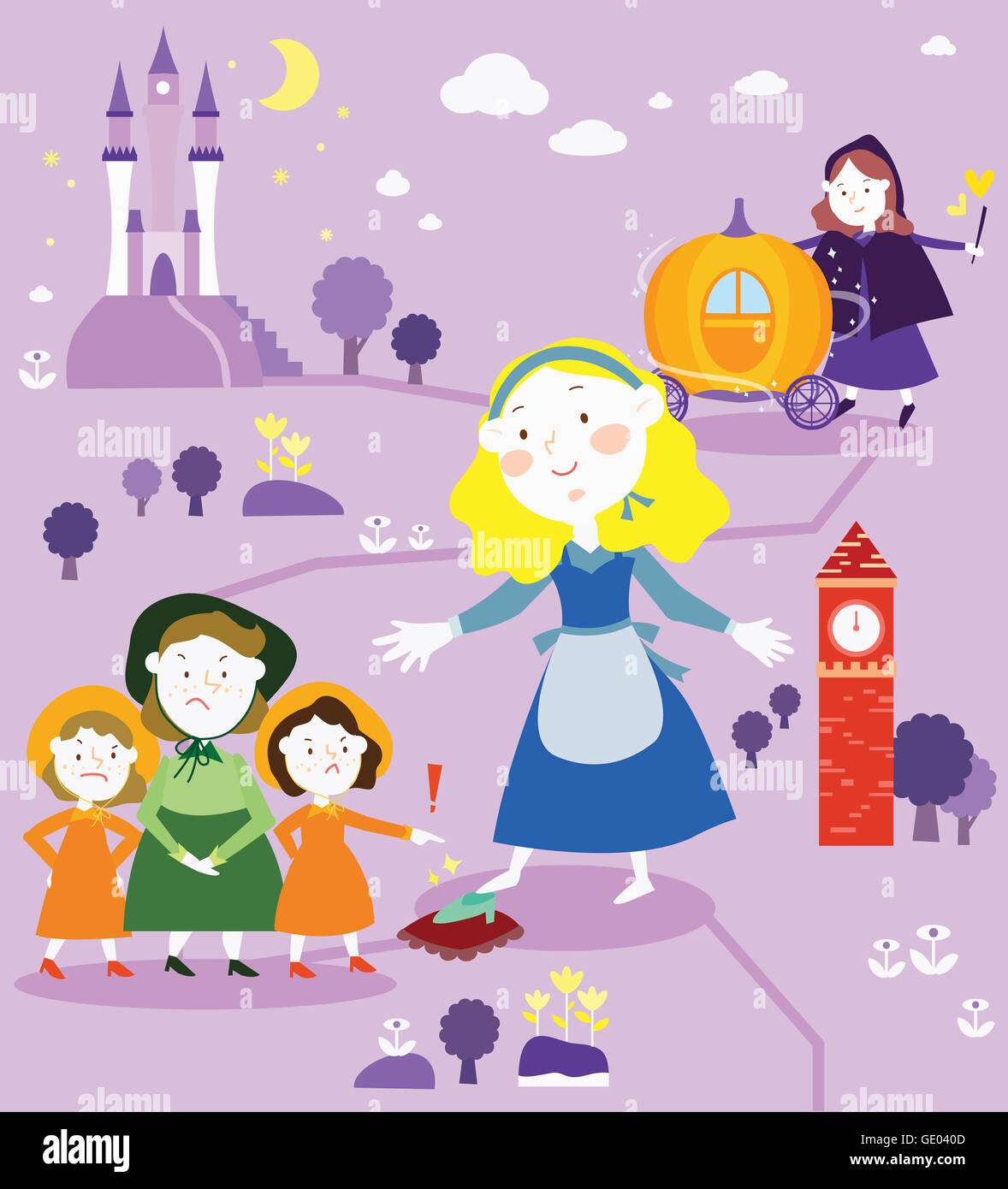 Scene from fairy tale Cinderella, Cinderella trying on a shoe and her ...