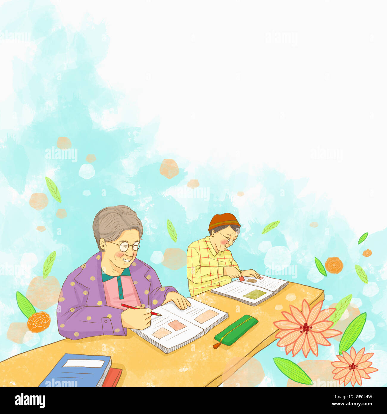 Illustration of smiling old couple learning Stock Photo - Alamy
