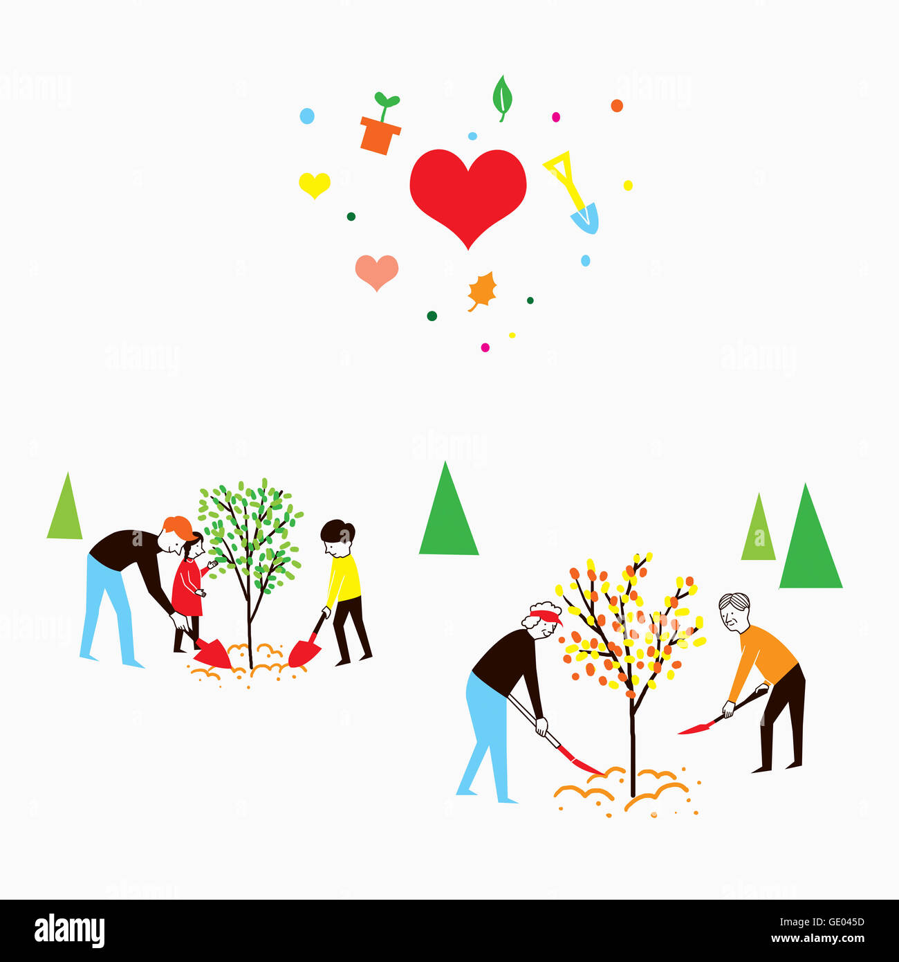 Illustration representing people planting trees Stock Photo - Alamy