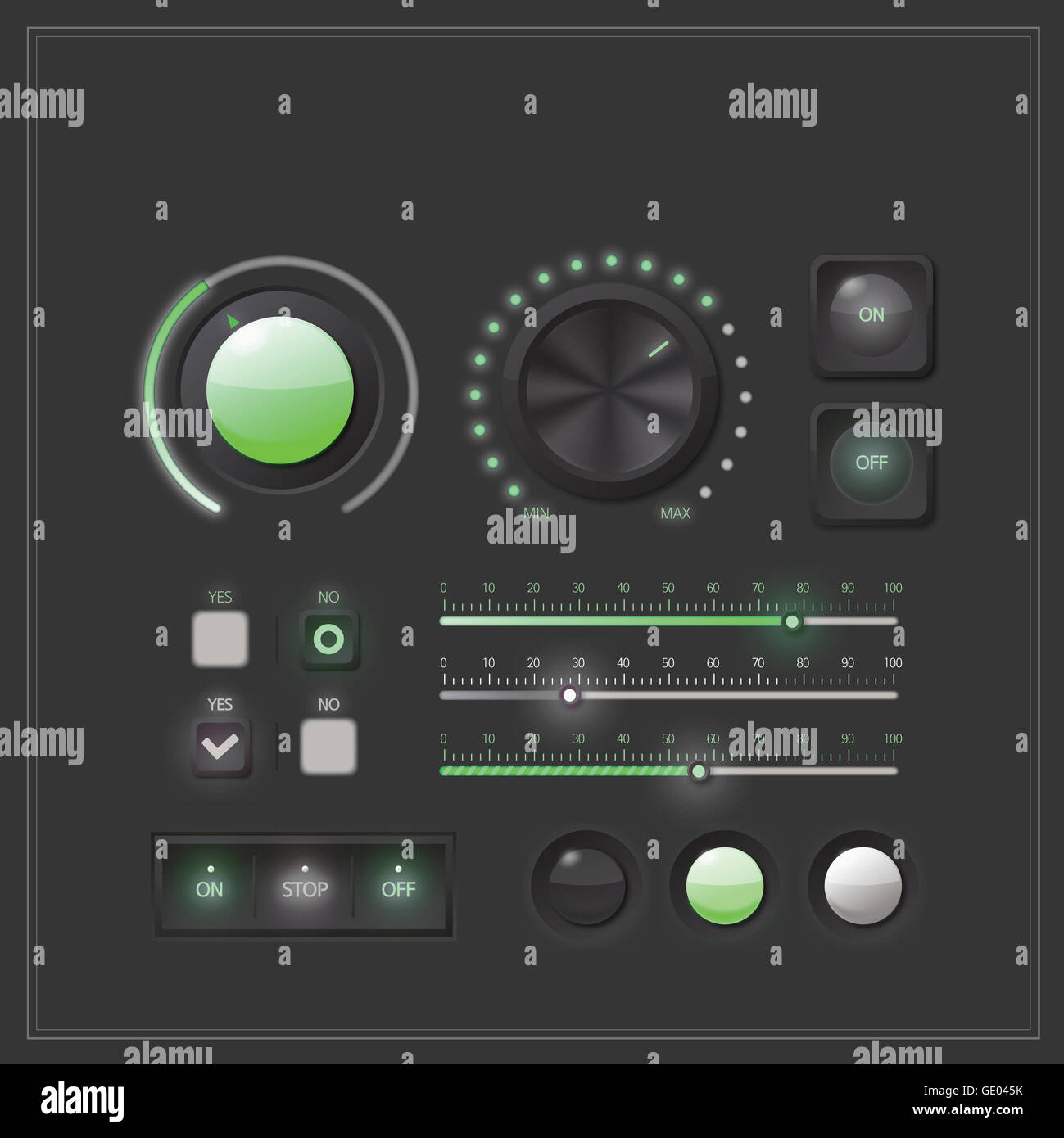 Illustration of operation dials and buttons with green against black ...