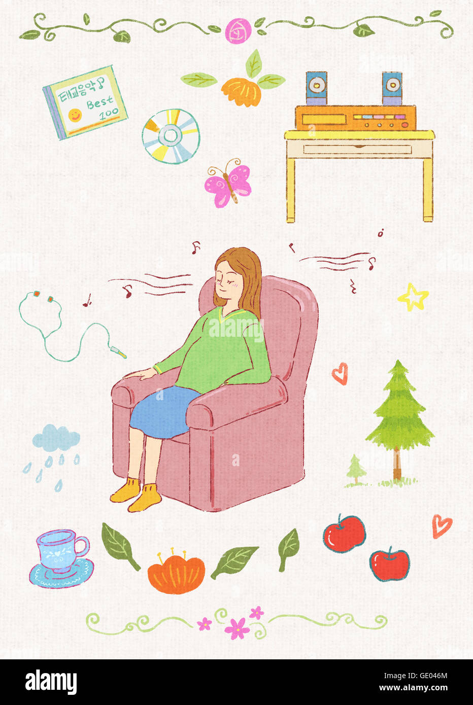 Illustration of pregnant woman listening to music Stock Photo - Alamy