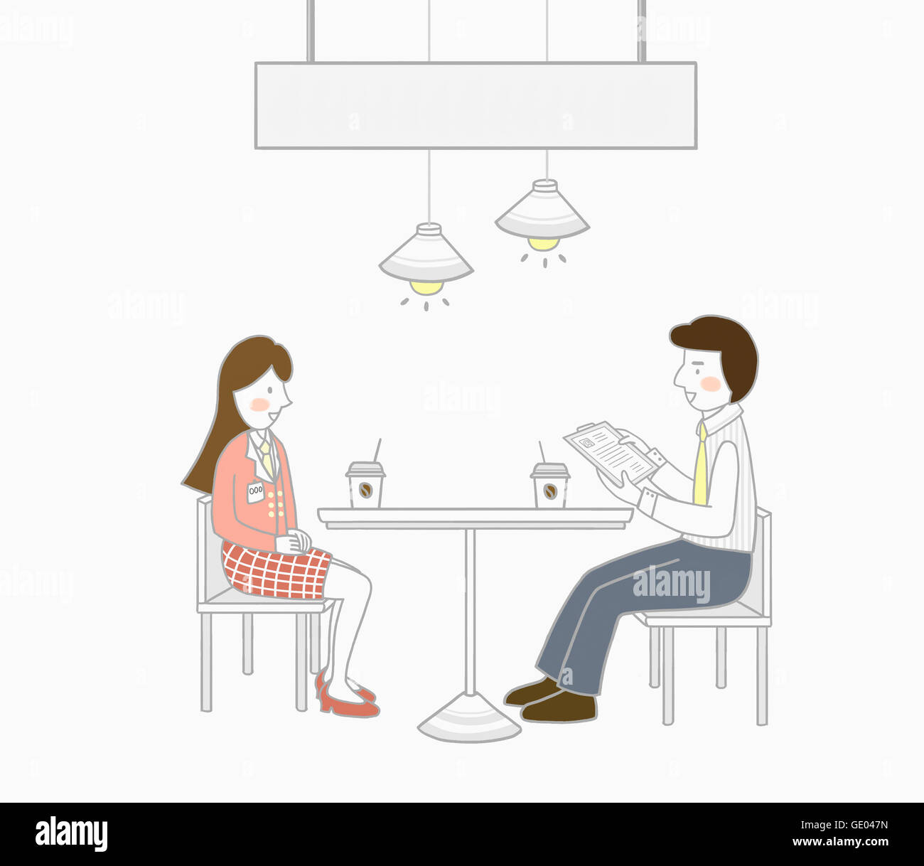 Illustration of young woman having an interview at cafe Stock Photo - Alamy
