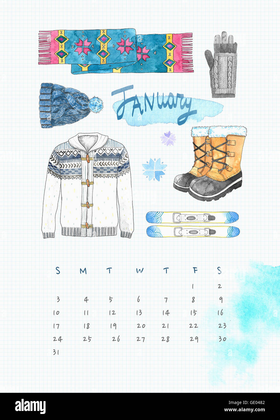 Calendar background for January with winter clothes Stock Photo - Alamy