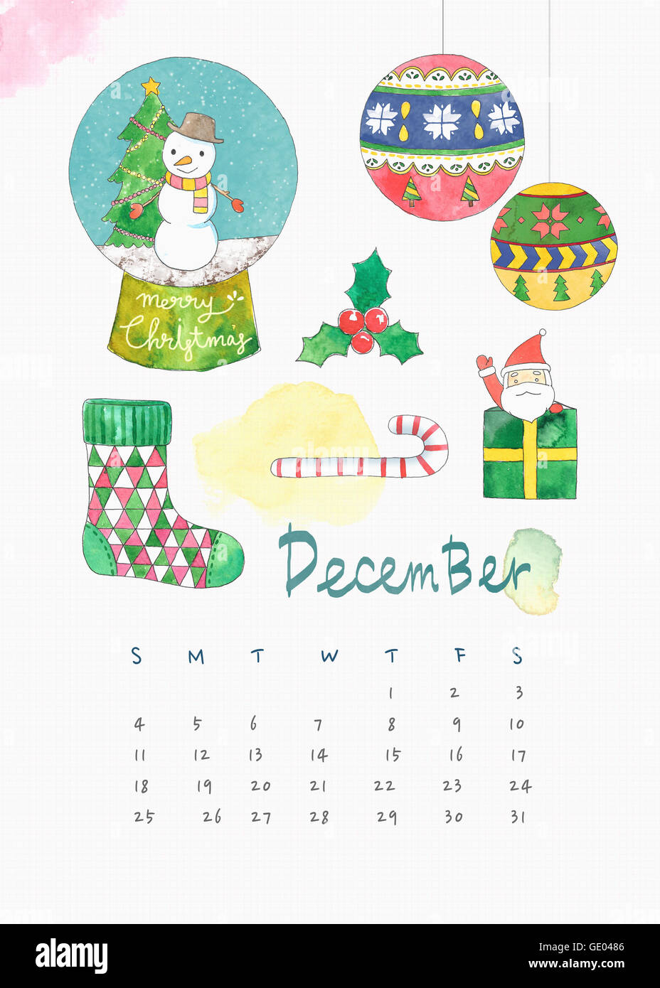 Calendar background for December with watercolor Christmas decorations ...