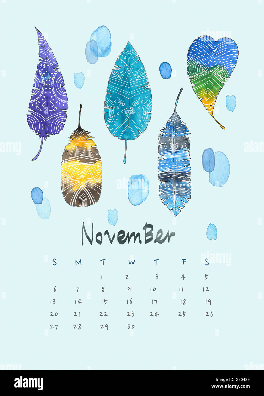 Calendar background for November with watercolor feathers Stock Photo ...