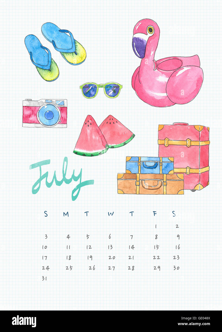 Calendar background for July with watercolor objects for summer ...