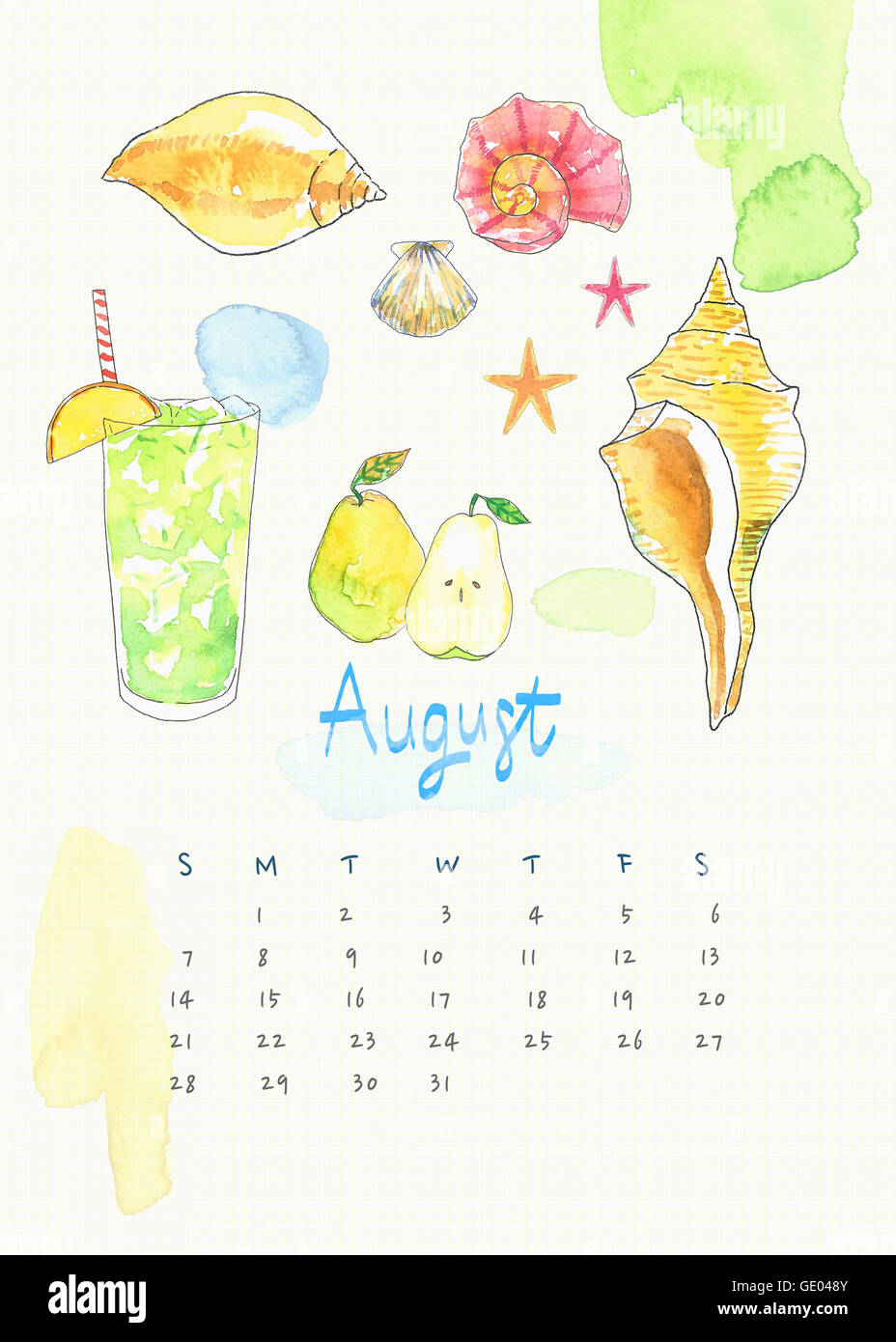 Calendar background for August with watercolor seashells, fruits and ...