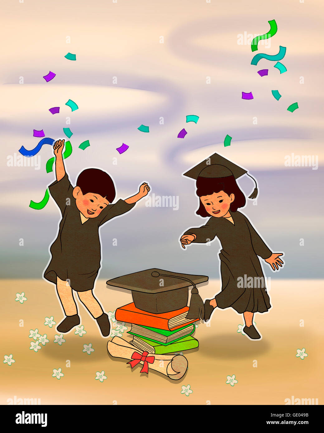 Smiling graduate students in retro style illustration Stock Photo - Alamy