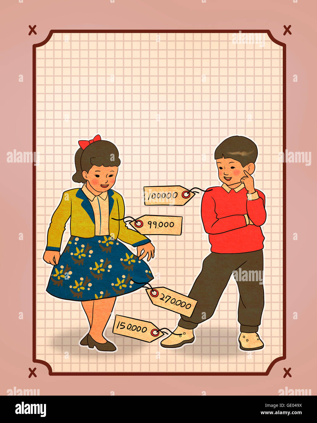 Humorous illustration of boy and girl wearing clothes with price tags ...