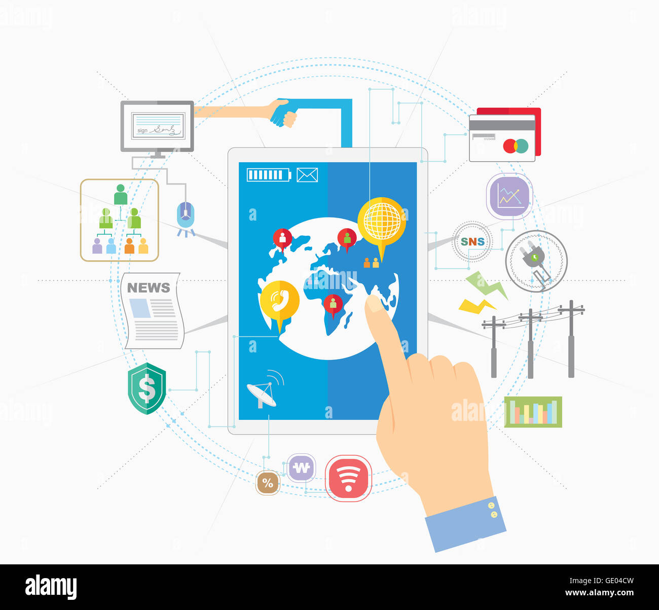 Illustration of hand touching a tablet with various icons related to ...