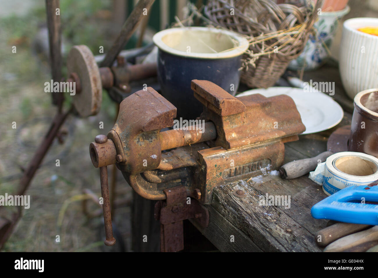 workbench, old rusty bench clamp Stock Photo - Alamy
