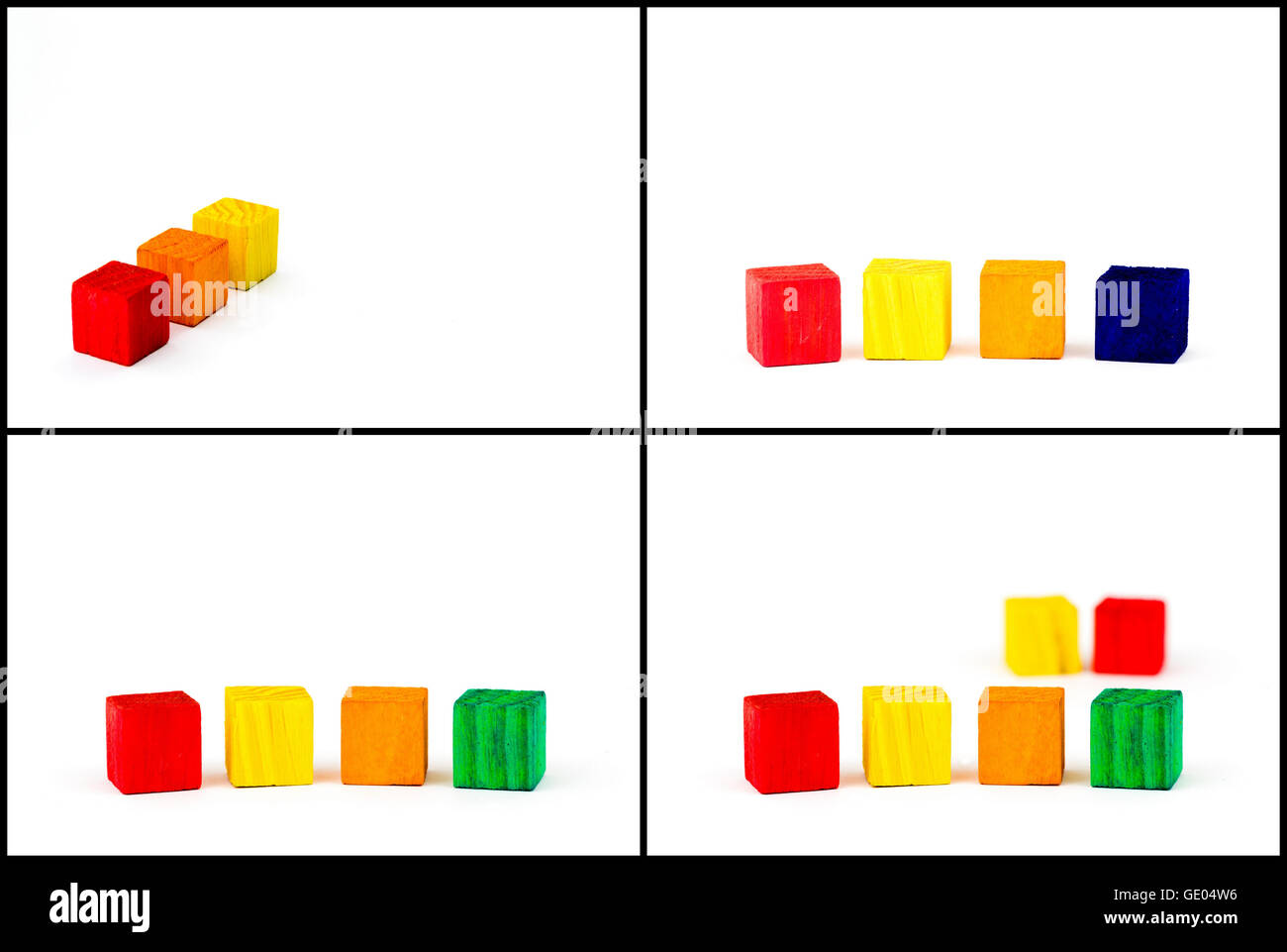 Photo collage with toy wooden colored blocks isolated on white ...