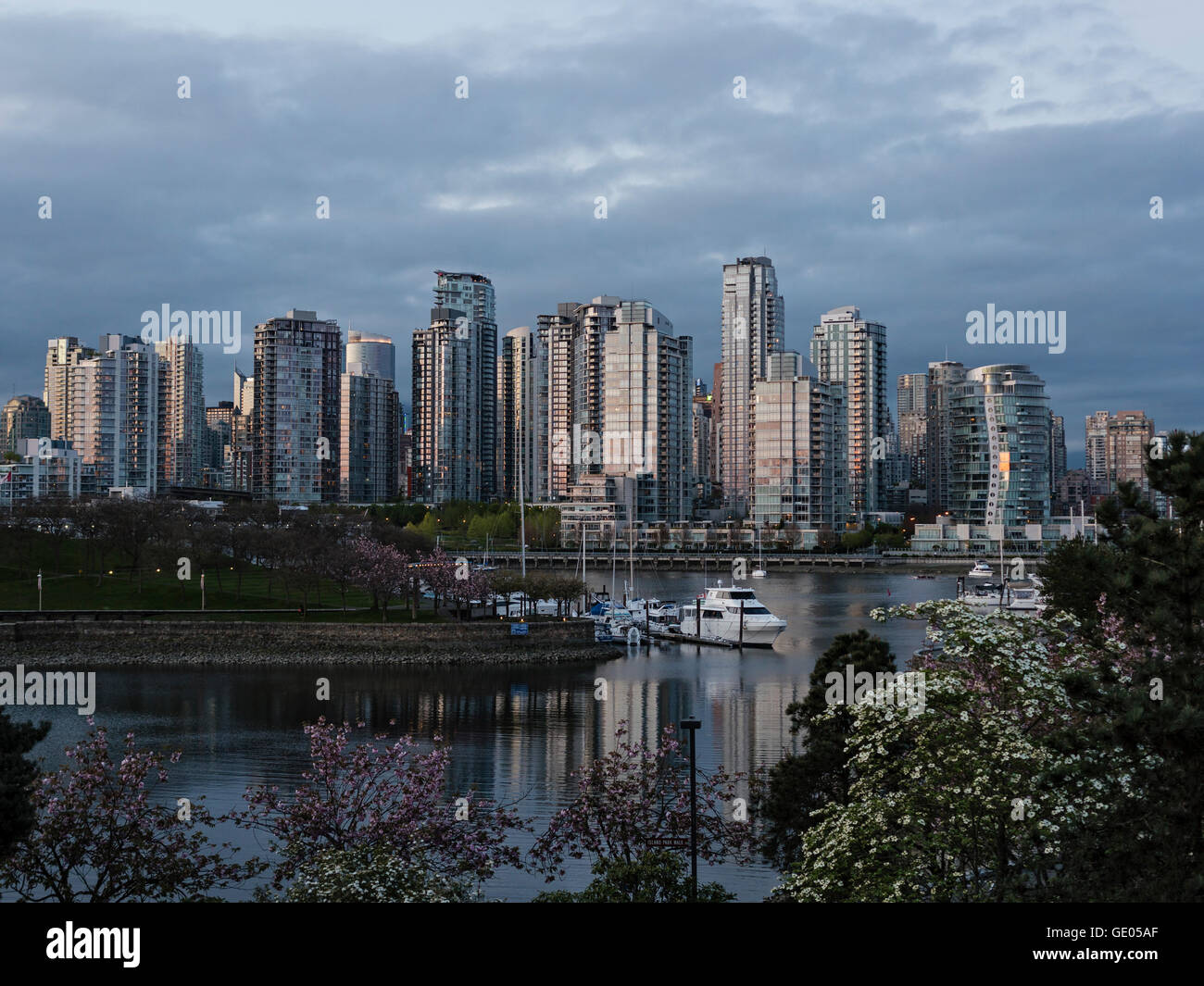 Vancouver skyline cityscape False Creek scene view sunset colors ...
