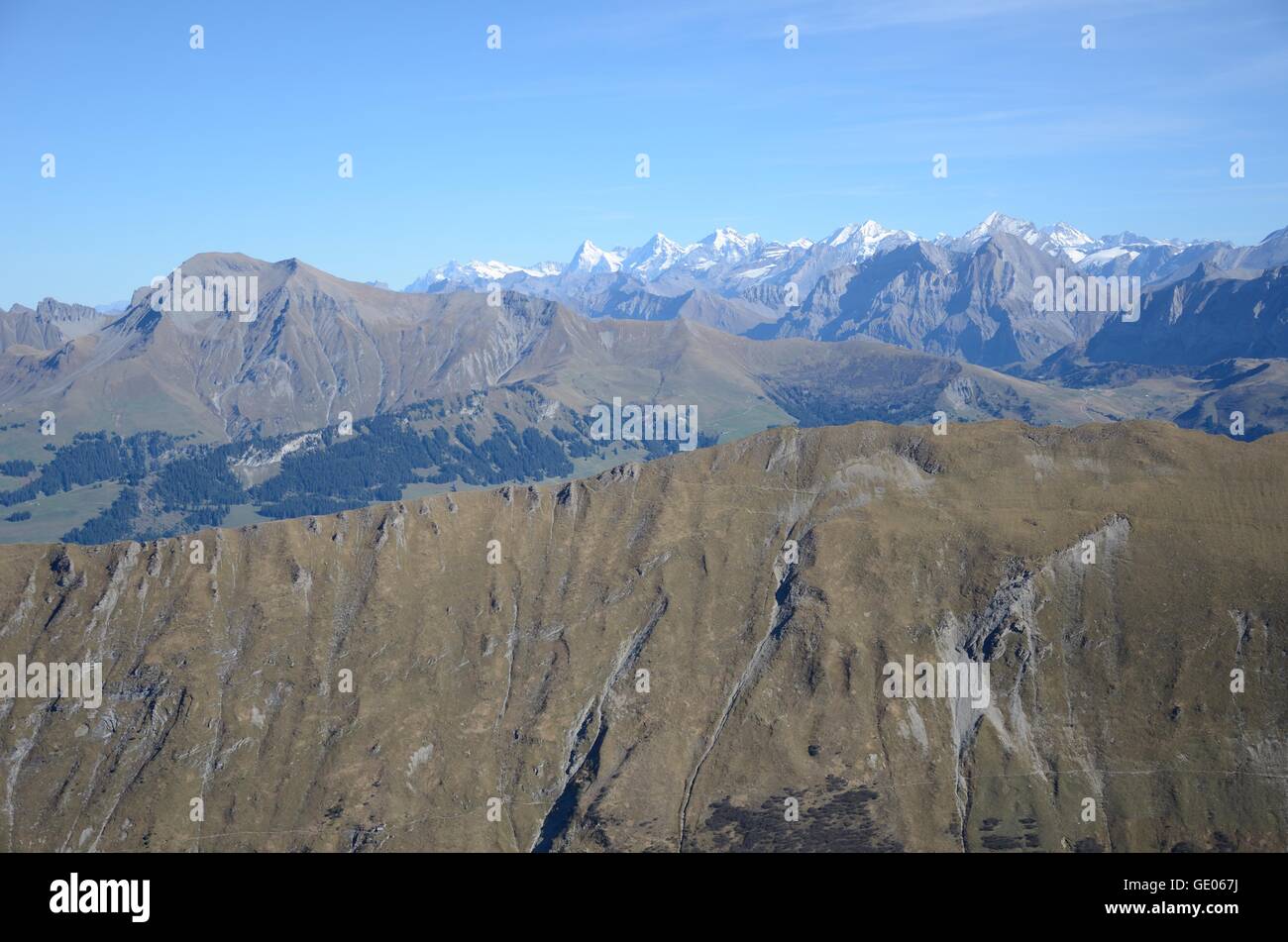 Panoramic view, Swiss alps, crest, ridge, snow capped mountains ...