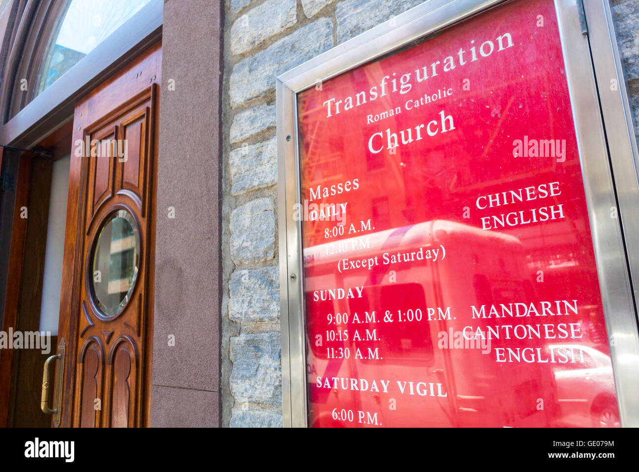 New York City, NY, USA, Detail, Sign on "Transfiguration Roman Catholic ...