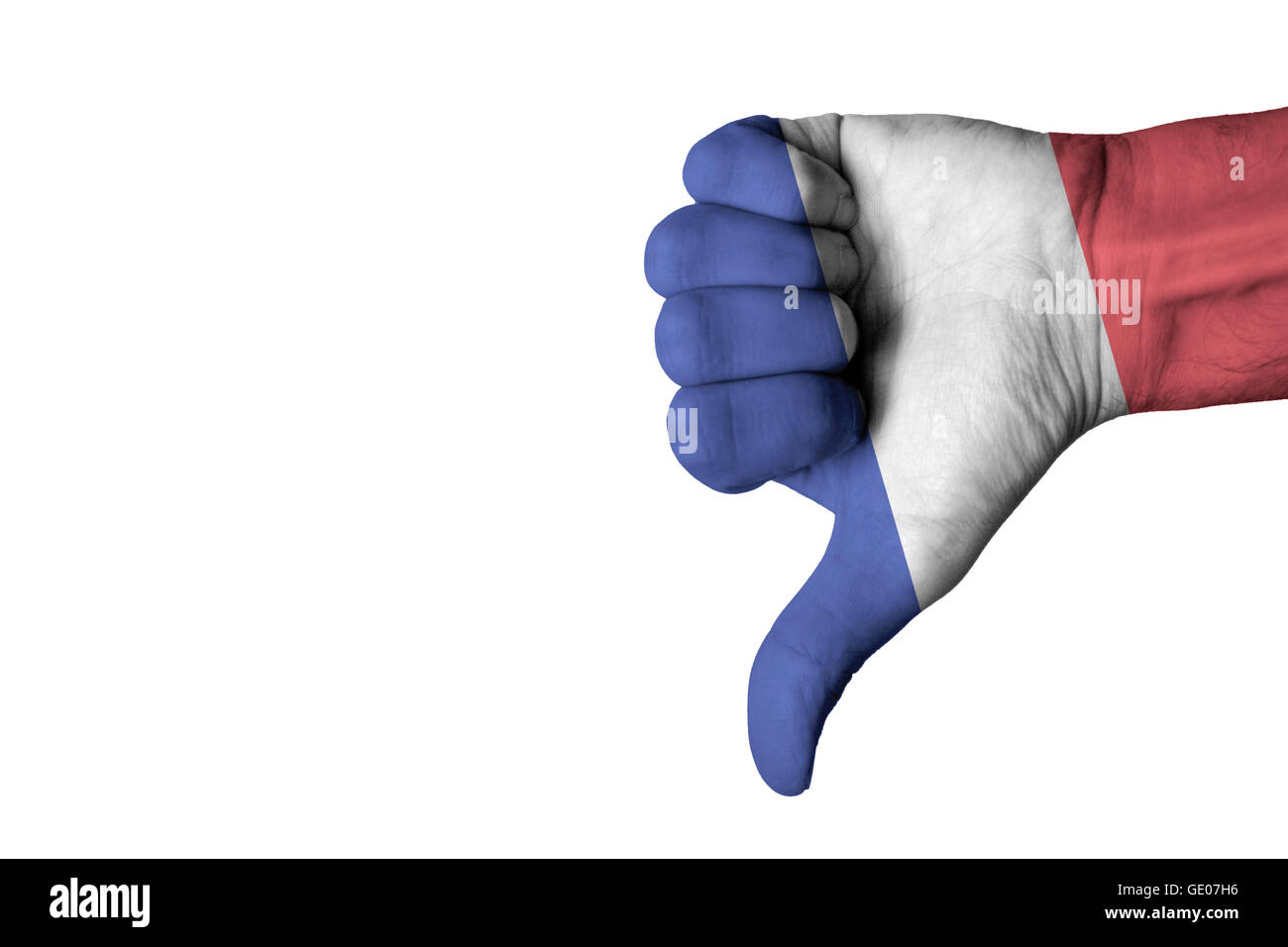 France flag on human male thumb down hand Stock Photo - Alamy