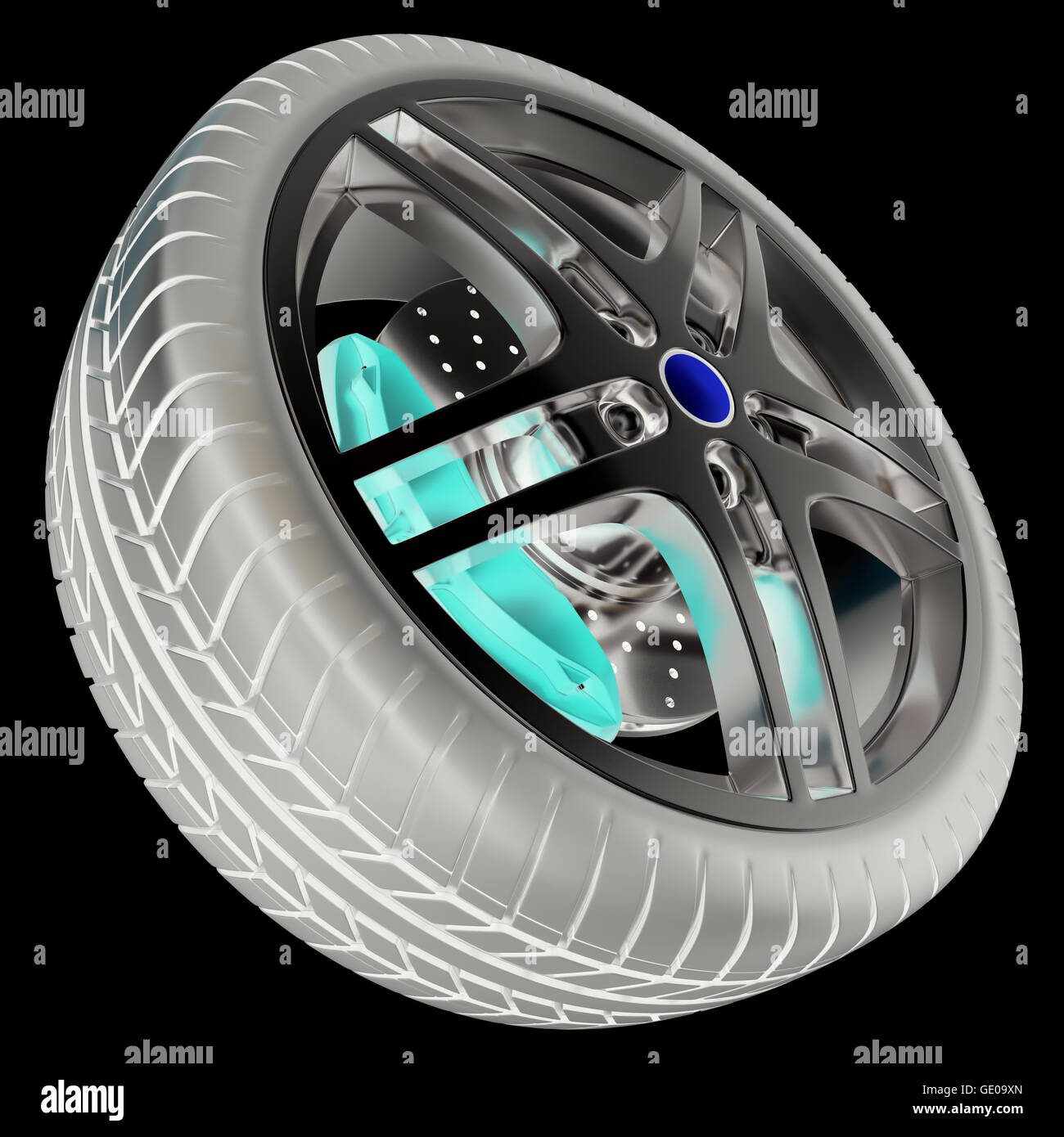 Car wheel isolated on balck background with photo negative effect. 3d ...