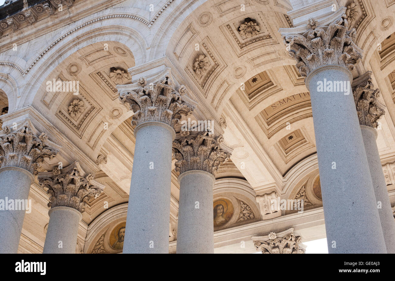 St Paul basilica in Rome, part of architectural arch and colonnade view ...