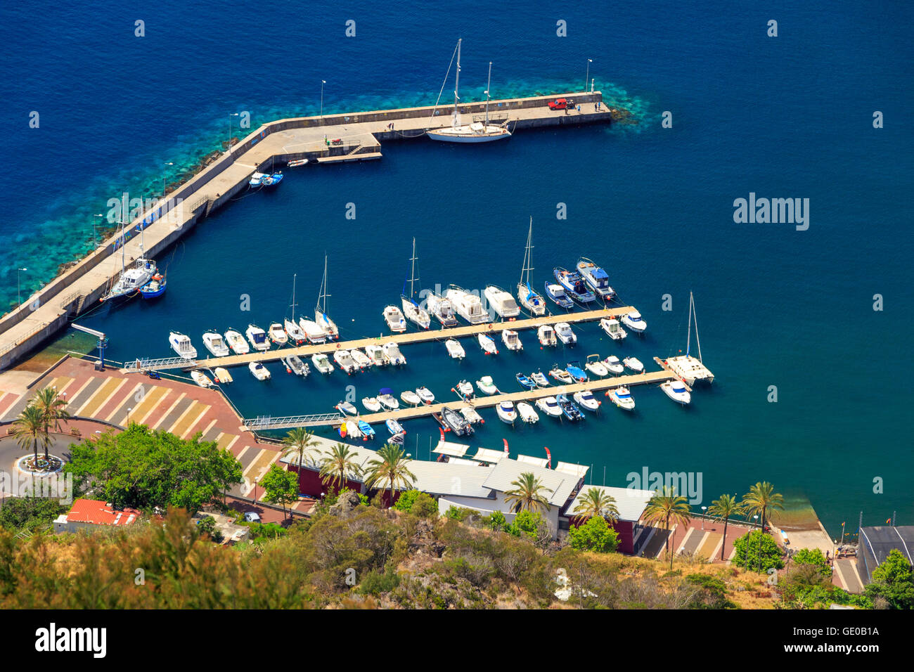 Aerial view of Machico harbor at Madeira Island, Portugal Stock Photo ...